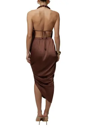 JLUXLABEL Dolce Draped Halterneck Midi Dress - Brown