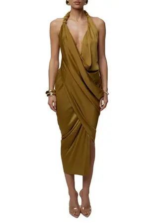 JLUXLABEL Dolce Draped Halterneck Midi Dress Lime
