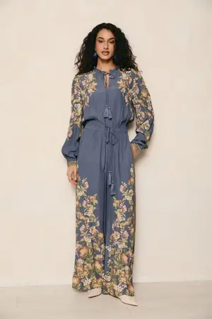RAISHMA Floral Printed Jumpsuit With High Neckline And Long Sleeves - Blue