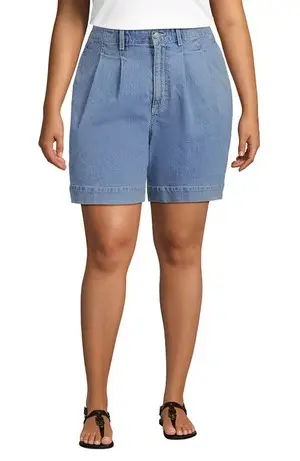 LANDS' END High-rise Pleated Denim Trouser Shorts - Hutton Blue Wash