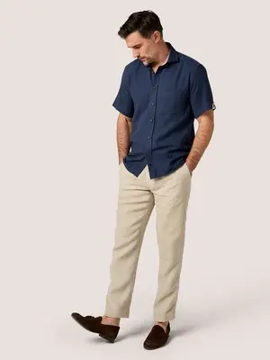 KOY CLOTHING Cotton Short Sleeve Sack Weave Shirt - Navy