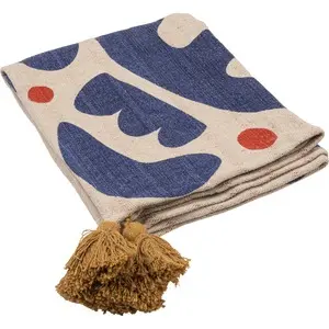 STORIED HOME Woven Cotton Blend Throw With Abstract Design, Stripes And Tassels - Blue