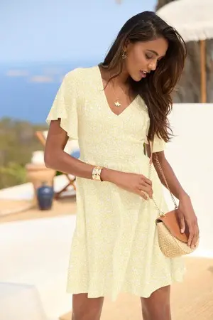 LASCANA Floral Flutter Sleeve V-neck Dress