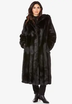 Roaman's Hooded Faux Fur Long Coat - Black