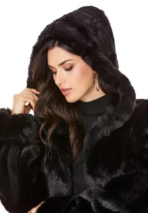 Roaman's Hooded Faux Fur Long Coat - Black