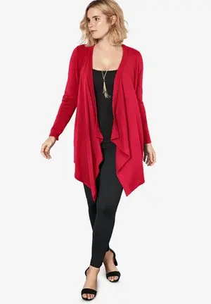 Roaman's Lightweight Handkerchief Hem Cardigan Sweater - Classic Red
