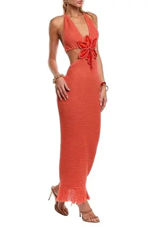 CAPITTANA Starla Halter Open Back Fringe Hem Cover-up Dress - Peach