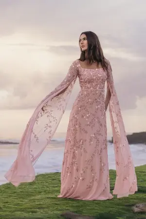 Mac Duggal Petite Embellished Cape Sleeve A-line Maxi Gown