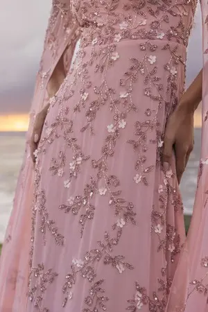 Mac Duggal Petite Embellished Cape Sleeve A-line Maxi Gown