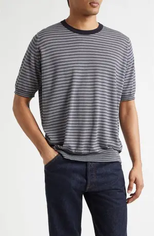 John Smedley Howick Stripe Merino Wool & Sea Island Cotton T-shirt - Navy/chalk