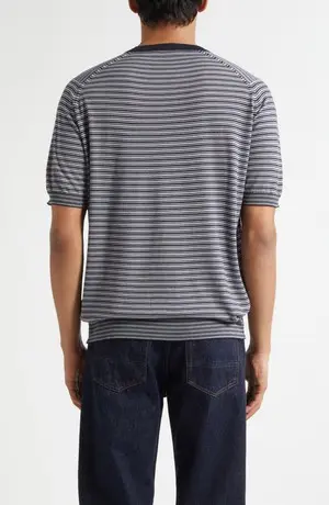 John Smedley Howick Stripe Merino Wool & Sea Island Cotton T-shirt - Navy/chalk