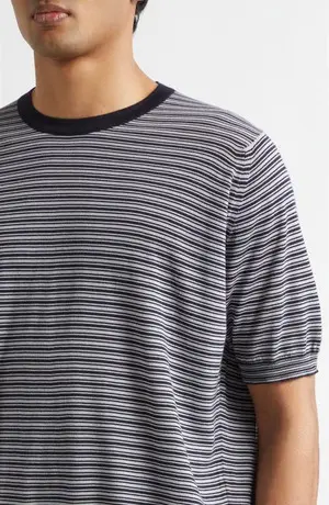 John Smedley Howick Stripe Merino Wool & Sea Island Cotton T-shirt - Navy/chalk