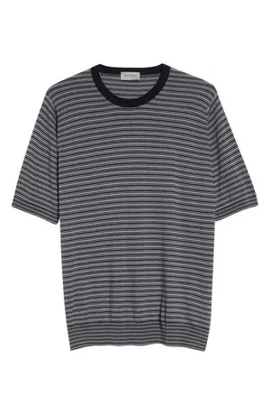 John Smedley Howick Stripe Merino Wool & Sea Island Cotton T-shirt - Navy/chalk