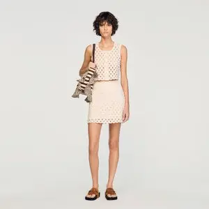 Sandro Mini Beaded Crochet Knit Flared Skirt - Ecru