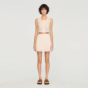 Sandro Mini Beaded Crochet Knit Flared Skirt - Ecru