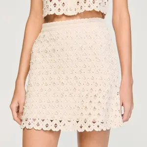Sandro Mini Beaded Crochet Knit Flared Skirt - Ecru