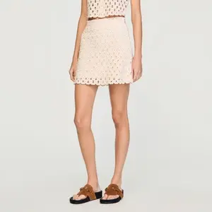 Sandro Mini Beaded Crochet Knit Flared Skirt - Ecru