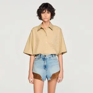 Sandro Cotton Rhinestone Shirt - Beige