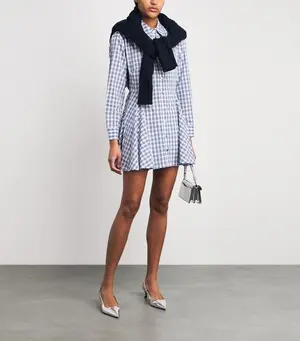 Maje Cotton Check Rhinestone Mini Shirt Dress