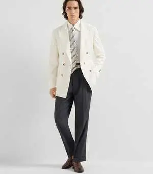 Brunello Cucinelli Linen-wool Chevron Tailored Trousers