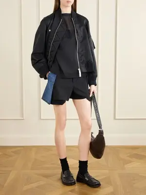 Sacai Belted Wool-trimmed Denim Shorts - Black