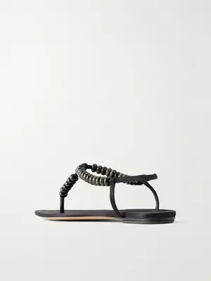 Le Monde Beryl Beaded Leather Flat Sandals - Black