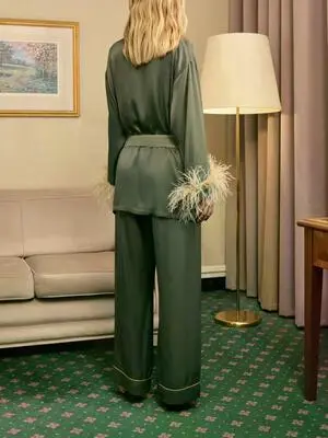 Sleeper Miss Cat Belted Feather-trim Pajama Set