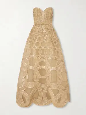 Elie Saab Strapless Sequin-embellished Raffia-trimmed Tulle Midi Dress - Neutrals