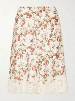 DÔEN Elowette Floral-Print Silk-Satin Midi Skirt With Lace Trim