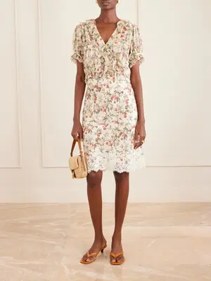 DÔEN Elowette Floral-print Silk-satin Midi Skirt With Lace Trim - Multi