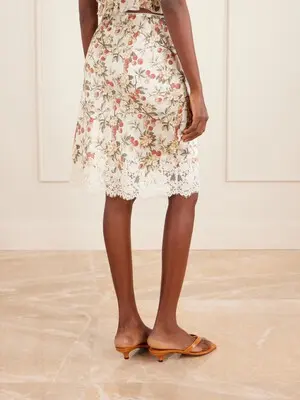 DÔEN Elowette Floral-print Silk-satin Midi Skirt With Lace Trim - Multi