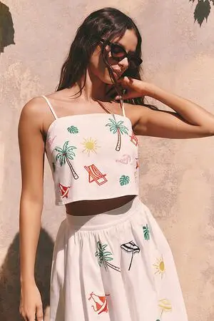 FLAT WHITE Tropical Embroidered Tank Top