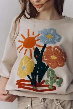 PILCRO Embroidered Relaxed Pullover - Ivory Pattern