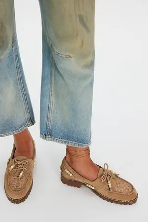 BRONX Suede Boat Shoes With Beaded Lacing And Lug Sole - Natural