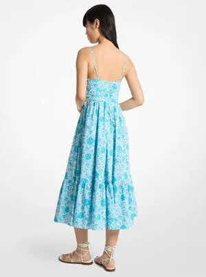 Michael Kors Floral Print Cotton Poplin Midi Dress - Blue