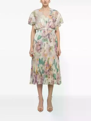 NISSA Floral-print Pleated Midi Dress - Neutrals