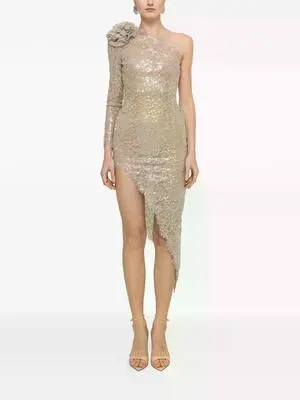 NISSA Sequin Detail Lace One-shoulder Midi Dress - Neutrals