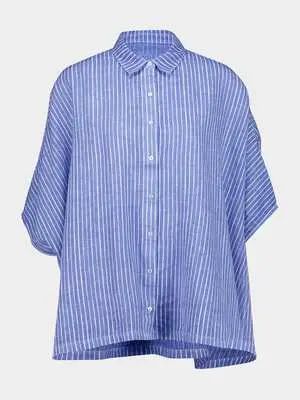 120% Lino Striped Linen Short-sleeve Shirt - Blue
