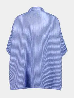 120% Lino Striped Linen Short-sleeve Shirt - Blue