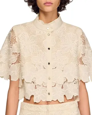 Sandro Ame Cropped Floral Guipure Lace Shirt