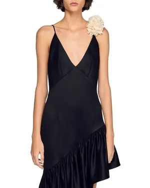 Sandro Ruffled Asymmetrical Mini Dress - Black