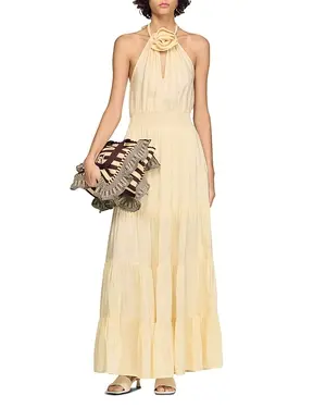 Sandro Floral Detail Linen Blend Maxi Dress - Vanilla
