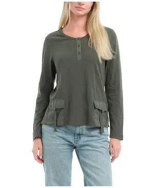 Wilt Button Placket Pocketed Long Sleeve Tee - Kambaba