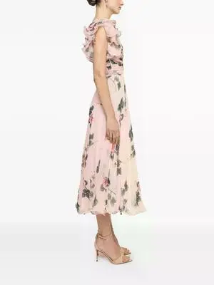 NISSA Ruffled Floral Silk Midi Dress