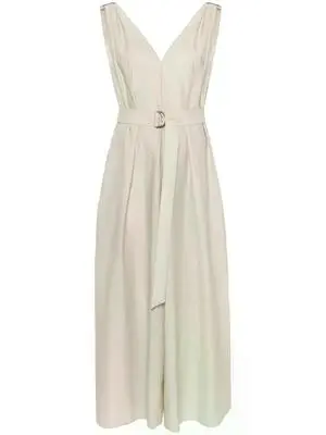 Brunello Cucinelli V-neck Belted Maxi Dress - Neutrals