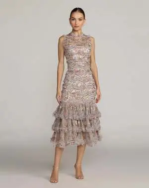 Mac Duggal Floral-print Sleeveless Sequin Tiered Ruffle Midi Dress