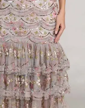 Mac Duggal Floral-print Sleeveless Sequin Tiered Ruffle Midi Dress