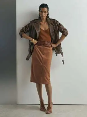 ATELIER Suede Pencil Midi Skirt - Tan