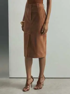 ATELIER Suede Pencil Midi Skirt