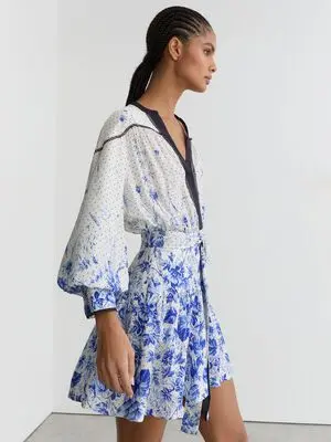 REISS Anisa Floral-print Belted Mini Dress - Ivory/blue